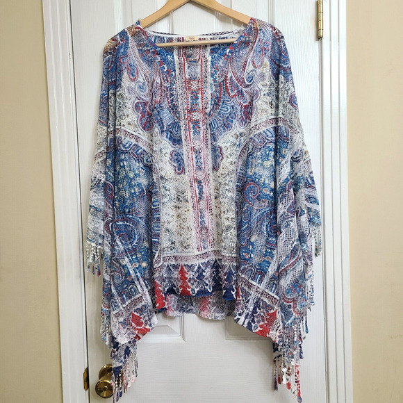 Reba | Tops | Reba Mesh Sheer Cape Wcami Top Fringe Hem Cowgirl Country ...